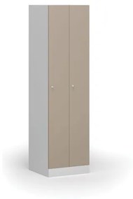 Kovová šatní skříňka zúžená, 2 oddíly, 1850 x 500 x 500 mm, cylindrický zámek, béžové dveře
