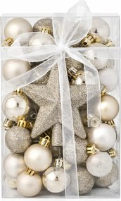 Sada vánočních ozdob šampaň a bílá 3 cm plastové baňky a glitter špice, balení 28 baněk a 1 špice