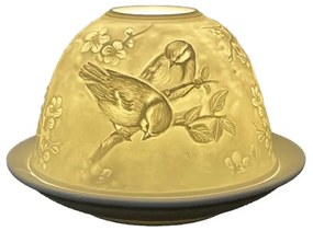 Bílý porcelánový svícen na čajovou svíčku s ptačí rodinkou a kytičkami – 12x8 cm