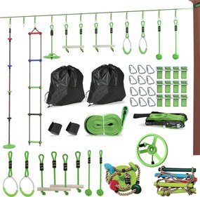 AIYAPLAY Ninja Slackline 10m pro děti - Set Ninja Warrior překážkové dráhy se slacklinem, gymnastickými kruhy, točícími koly, houpačkou, lezeckými tyč