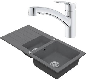 VIMA Dřezový set Grohe 6/C- Granitový dřez, 1,5 sektoru, 96x48cm, Šedá + Dřezová baterie Grohe Eurosmart