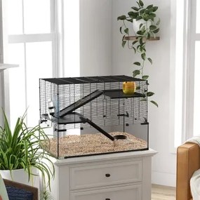PawHut klec pro křečky, hlodavčí klec, 3 úrovně s kolotočem, rampami, domečkem, napáječem, miskou na krmivo, 76,5L x 48,5L x 54,5H cm, černá