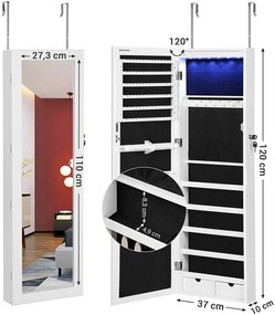 SONGMICS Šperkovnice se zrcadlem k zavěšení na dveře bílá 37 x 120 cm