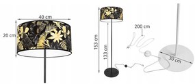 Podlahová lampa GOLD FLOWERS, 1x černé textilní stínítko s květinovým vzorem, (fi 40cm), O