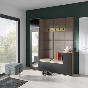 Eka Předsíňová stěna s čalouněnými panely Trinity 29 - Dub Artisan s černou / Světlá béžová 2303