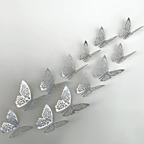 Samolepka na zeď "Metalické Motýli - Stříbrné 2" 12 ks 7x11 cm