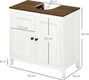 Kleankin Koupelnová Skříňka Pod Umývadlo Dřevěná S 2 Dveřmi a Nastavitelnou Policí Moderní 60x30x60 cm Bílá