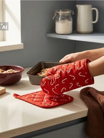 Sinsay - Kuchyňská chňapka a podložka pod hrnec s motivem cukrových hůlek - červená