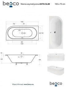 BESCO Asymetrická vana AVITA SLIM Nožičky k vaně - S nožičkami, Rozměr vany - 150 × 75 cm, Způsob provedení - Levé - VANAVIT150SLIML+OLVPINOZ