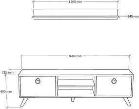 TV stolek ZEN 160 cm s nástěnnou policí, dekor ořech/černý mramor