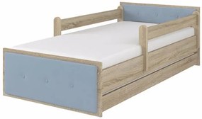 Dětská postel Max XL Čalouněná 180x90 cm - Dub Sonoma - 1x krátká + 1x dlouhá zábrana se šuplíkem - čalounění Modrá