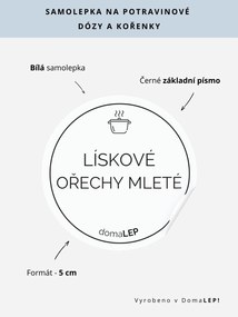 LÍSKOVÉ OŘECHY MLETÉ – bílá samolepka na dózu, základní písmo, 5 cm | DomaLEP