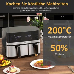 HOMCOM Horkovzdušná fritéza 8,5 l Dvoukomorová fritéza 8v1 s nepřilnavým povrchem Dotykový displej Chytrý časovač bez oleje Černá | Aosom