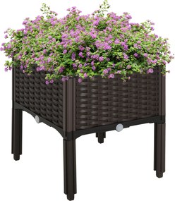 Zvýšený záhon Outsunny, květináč s drenážními otvory, květinový box v ratanovém vzhledu, plast, hnědý, 40 x 40 x 44 cm | Aosom