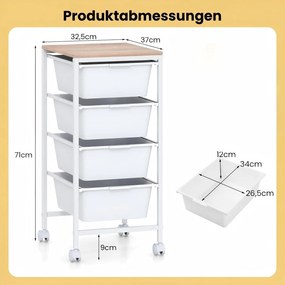 Costway Pojízdný zásuvkový vozík s 4 zásuvkami z plastu – 37 × 32,5 × 71 cm