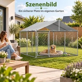 Aosom Venkovní výběh pro psy se střechou, psí kotec 230 x 117 cm, 32mm pozinkovaná ocel, zámek na dveřích, zemní kotvy, stříbrný