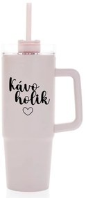 KÁVOHOLIK - růžový cestovní termohrnek s průhledným víčkem 900 ml