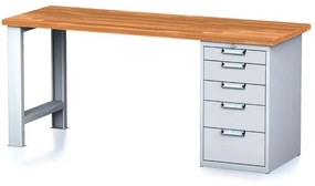 Alfa 3 Dílenský pracovní stůl MECHANIC I, pevná noha + dílenský box na nářadí, 5 zásuvek, 2000 x 685 x 880 mm, šedé dveře