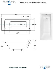 BESCO Obdélníková vana TALIA SLIM Nožičky k vaně - Bez nožiček, Rozměr vany - 150 × 70 cm - VANTAL15SLIM