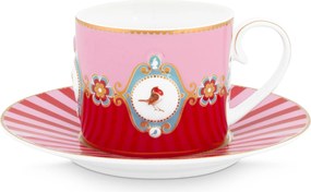 Pip Studio Love Birds sada 2 ks cappuccino šálků s podšálky 225 ml, červeno-růžová