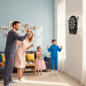 Elektronický šipkový terč HOMCOM s 6 šipkami a 24 šipkovými hlavicemi 27 her 243 možností zásahů 44 x 51,5 x 3,2 cm pro zábavu i soutěže