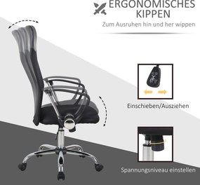 HOMCOM Ergonomická kancelářská židle, herní židle, otočná židle s houpací funkcí, výškově nastavitelné pracovní křeslo, pěna, síťovina, černá, 63 x 6…
