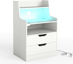 Costway Noční stolek s LED světly a nabíjecí stanicí s 2 zásuvkami a otevřenou