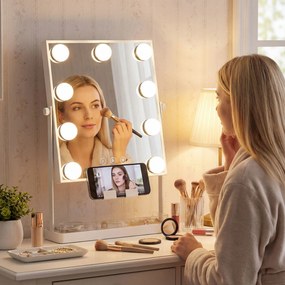 HOMCOM Hollywood make-up zrcátko s osvětlením, 9 LED lamp, 3 barvy, dotykový spínač, držák na mobil, bílé