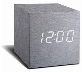 Šedý budík s bílým LED displejem Gingko Cube Click Clock