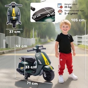 AIYAPLAY Dětská elektrická motorka s licencí Vespa, dobíjecí baterie 6V, pomocná kolečka a světlo, 2–6 let, tmavě zelená