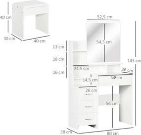 HOMCOM Toaletní stolek s taburetem a zrcadlem, toaletní stůl se 4 zásuvkami, 4 úložnými prostory, moderní styl, 80x38x143 cm Bílá
