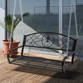 Zahradní houpačka Outsunny Hollywood odolná proti povětrnostním vlivům 2místná závěsná lavice s řetězy kovová černá 132 x 63 x 58 cm pro zahradu a te…