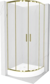 Mexen Rio, čtvrtkruhový sprchový kout s posuvnými dveřmi 80 (dveře) x 80 (dveře) x 190 cm, 5mm sklo námraza, zlatý profil + bílá sprchová vanička RIO, 863-080-080-50-30-4710