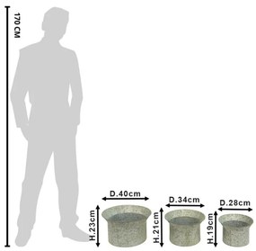 3ks šedý antik dekorační obal na květináč – 40x23 /  34x21 /  28x19 cm