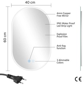 Erga Demi, oválné LED zrcadlo 40x60cm, 3 barvy světla, přední osvětlení, topná podložka proti zapaření, ERG-V01-DEMI-4060-CL