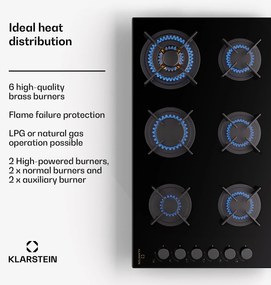Klarstein Goldflame 6, plynová varná deska, soběstačná, 6 hořáků, boční ovládání, plyn/propan, sklokeramika, černá