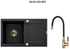 Invena Tesalia, 1-komorový granitový dřez s odkapávačem 760x440x160 mm a kuchyňskou baterií Glamour s flexibilním ramenem + zlatý automatický sifon, INV-AZ-01-Z43-SET