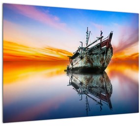 Skleněný obraz - Svítání nad vrakem lodi (70x50 cm)