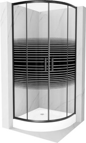 Mexen Rio, čtvrtkruhový sprchový kout s posuvnými dveřmi 90 (dveře) x 90 (dveře) x 190 cm, 5mm čiré sklo s pásky, černý profil + Rio sprchová vanička bílá, 863-090-090-70-20-4710