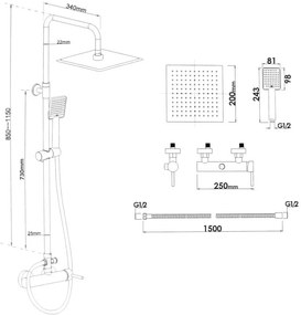Erga Flova, sprchová souprava s pákovou baterií a dešťovou hlavicí 20x20cm, černá matná, ERG-YKA-BP.FLOVA 20 BLK