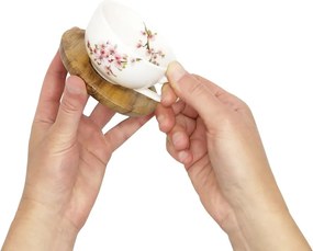 Porcelánový espresso šálek Sakura s podšálkem z akácie, 120 ml – s motivem rozkvetlé sakury