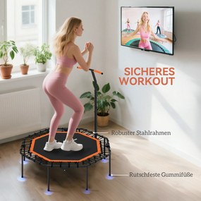 Fitness trampolína, tréninková trampolína s nastavitelnou rukojetí, stabilní a tichá, pro interiér, ocel, oranžová