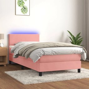 Box spring postel s matrací a LED růžová 90x190 cm samet