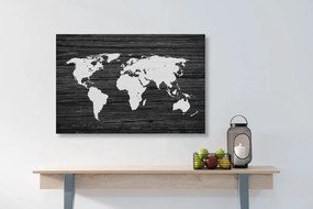 Obraz mapa světa na dřevě v černobílém provedení - 90x60 cm