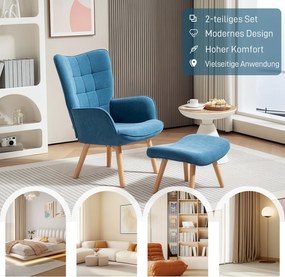 HOMCOM Křeslo s taburetem, křídlové křeslo s vysokým opěradlem, dřevěné nohy, lounge křeslo s čalouněným vzorem, manšestrový vzhled, do obývacího pok…