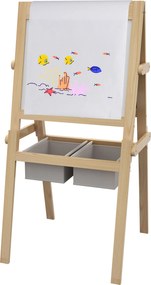 Dětský easel AIYAPLAY 3 v 1 s oboustrannou tabulí, dřevěný easel pro kreslení s papírovým válcem a 2 košíky 58x50,5x109 cm přírodní