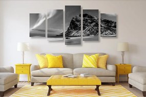 5-dílný obraz obraz polární záře v Norsku v černobílém provedení - 200x100 cm