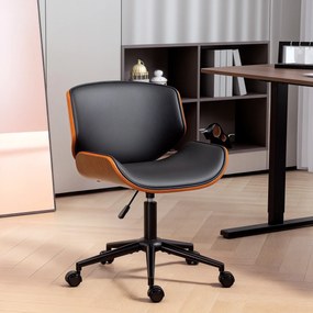 HOMCOM mid-century kancelářská židle bez područek — ergonomická, výškově nastavitelná, 360° otočná, PU, černá/ořech
