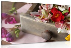 Obraz kompozice jarních květin v dřevěném šuplíku - 60x40 cm