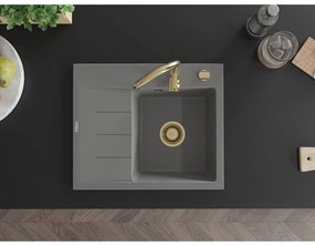 Mexen Ben, 1-komorový granitový dřez 600x500x190 mm, pravý + zlatý sifon, šedá, 6523605000-71-G